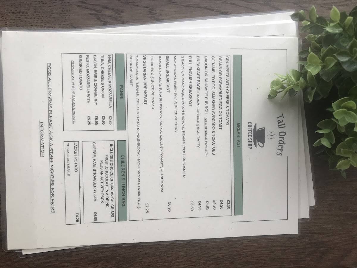Menu at Tall Orders Coffee Shop cafe, Thetford