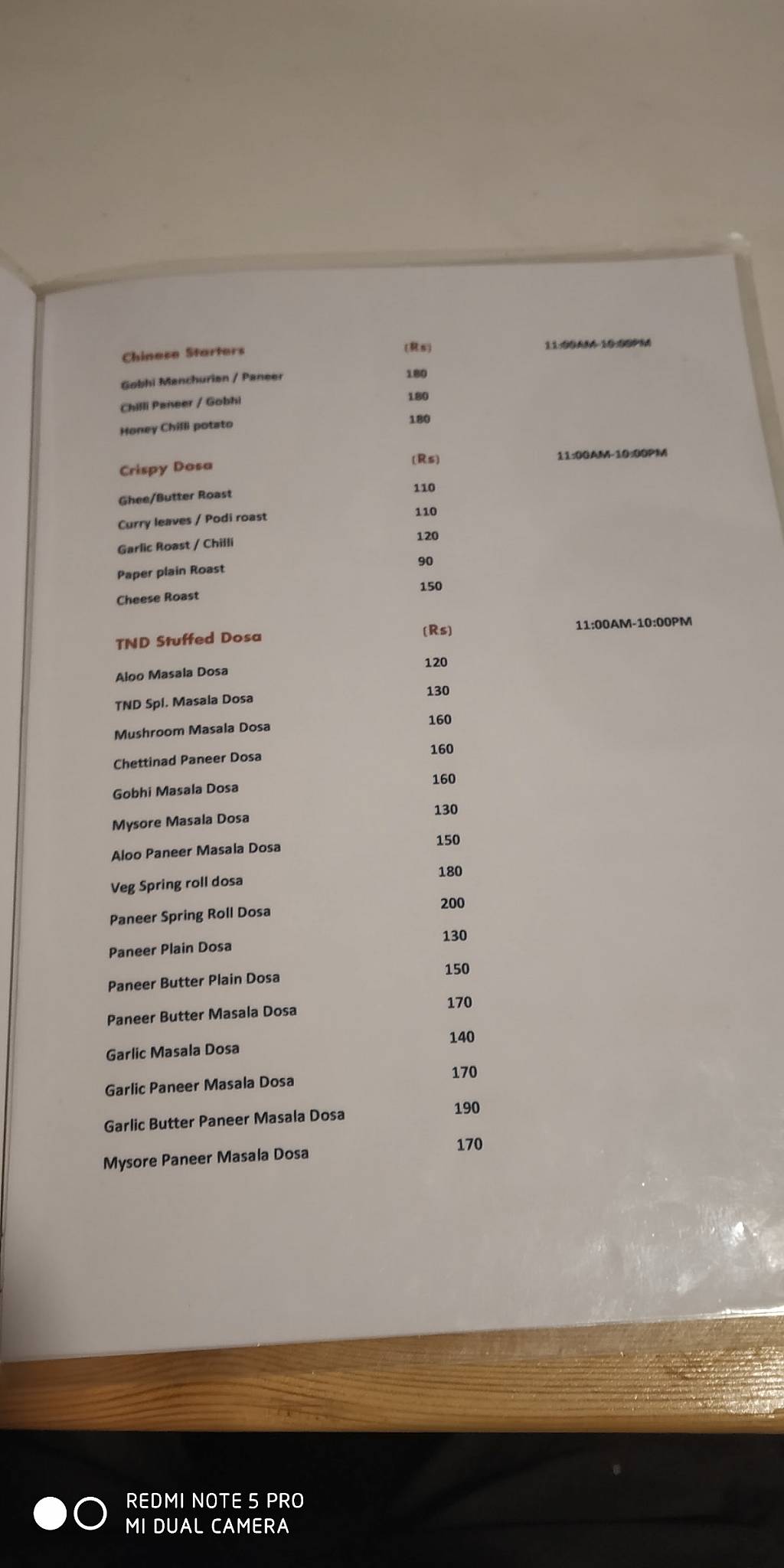 Menu at Tamil Nadu South Indian Dosa, Lucknow
