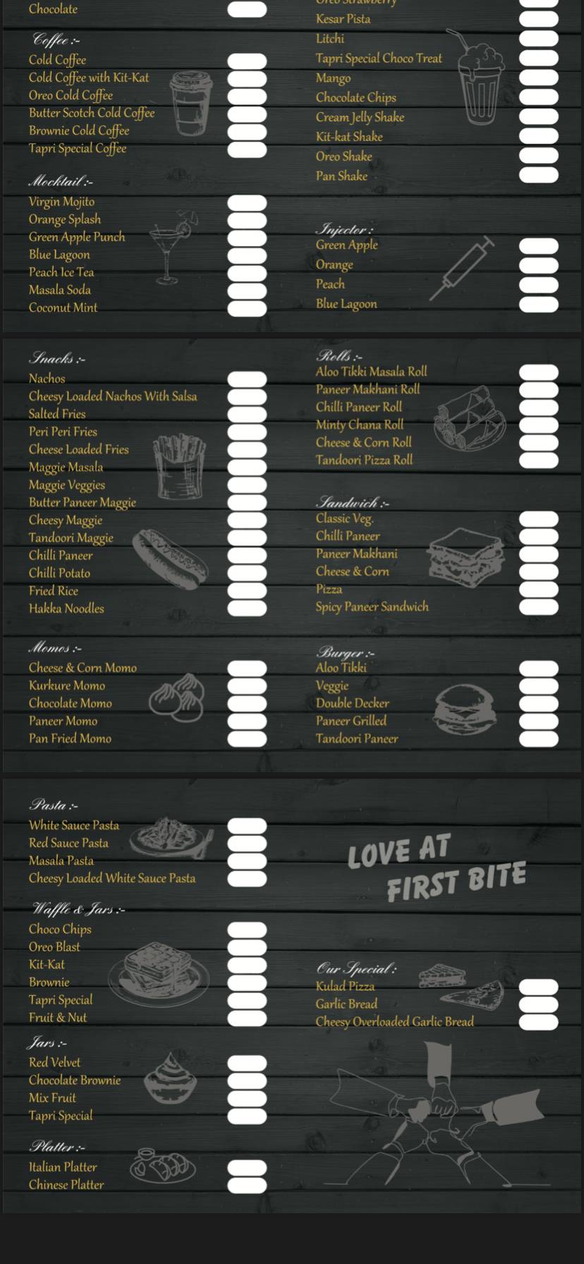 Menu at Tapri cafe, Hathras