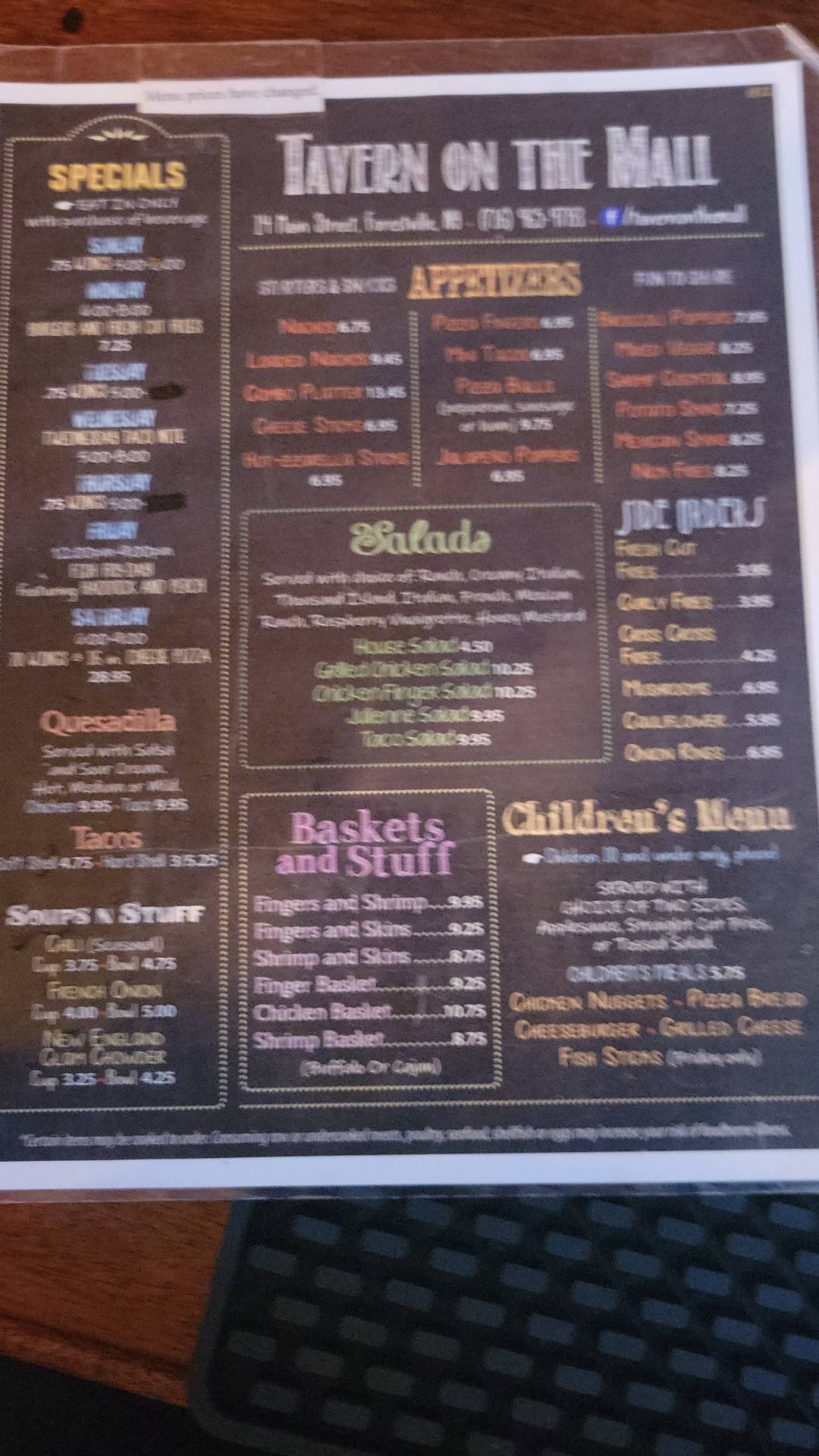 Menu at Tavern On the Mall restaurant, Forestville