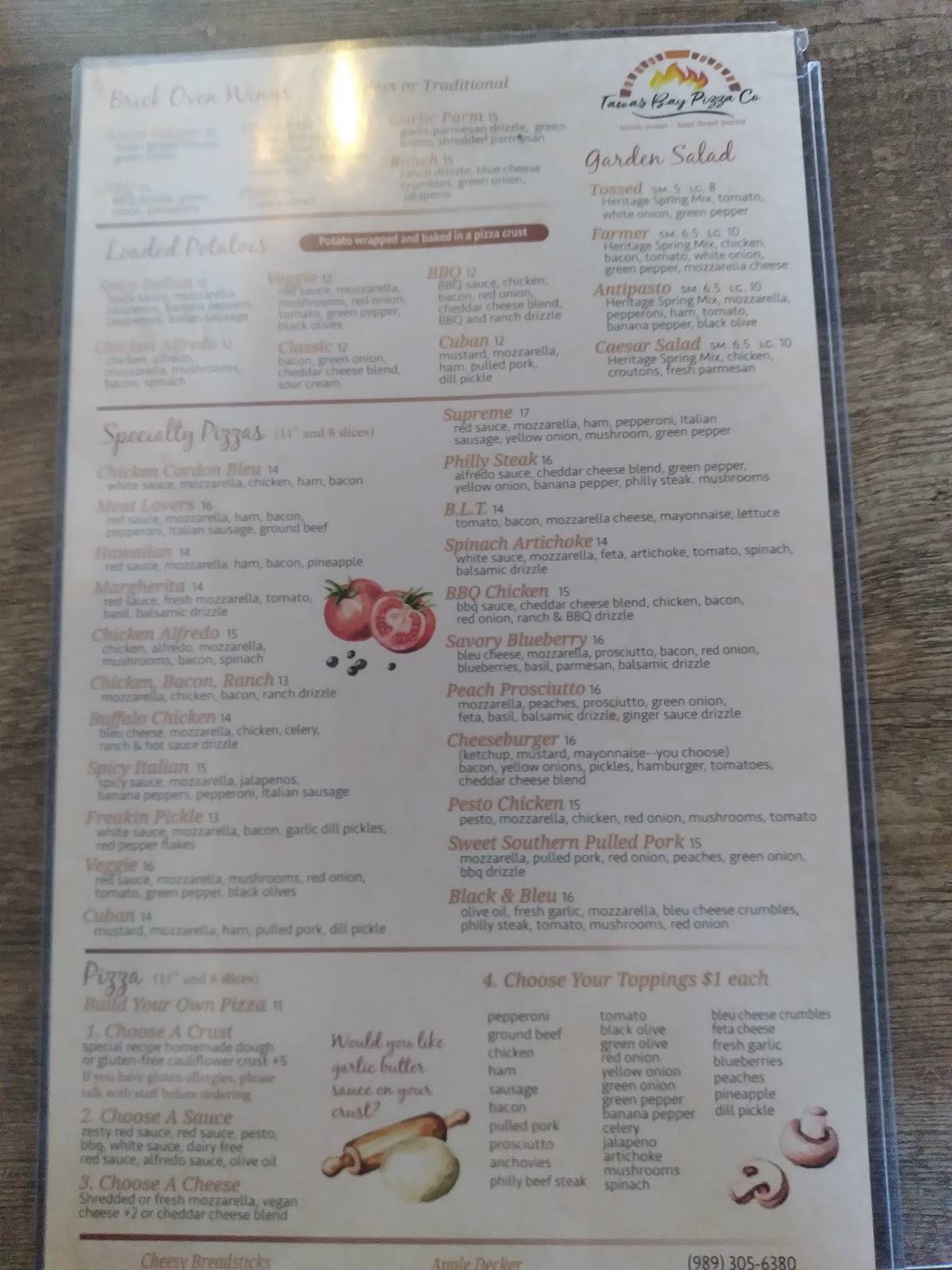 Menu at Tawas Bay Pizza Company pizzeria, Tawas City