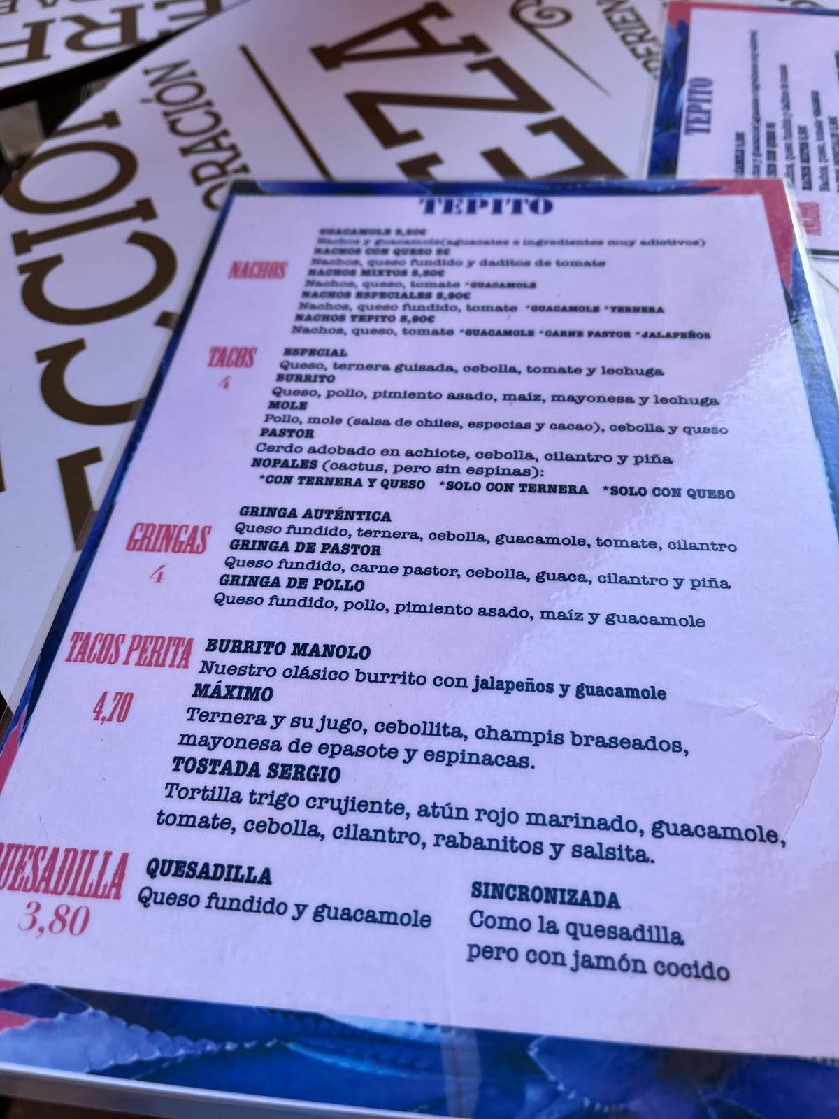 Menu at Tepito restaurant, Málaga