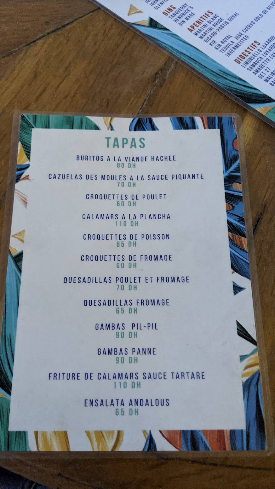 Menu au Terracotta Restaurant lounge, Temara