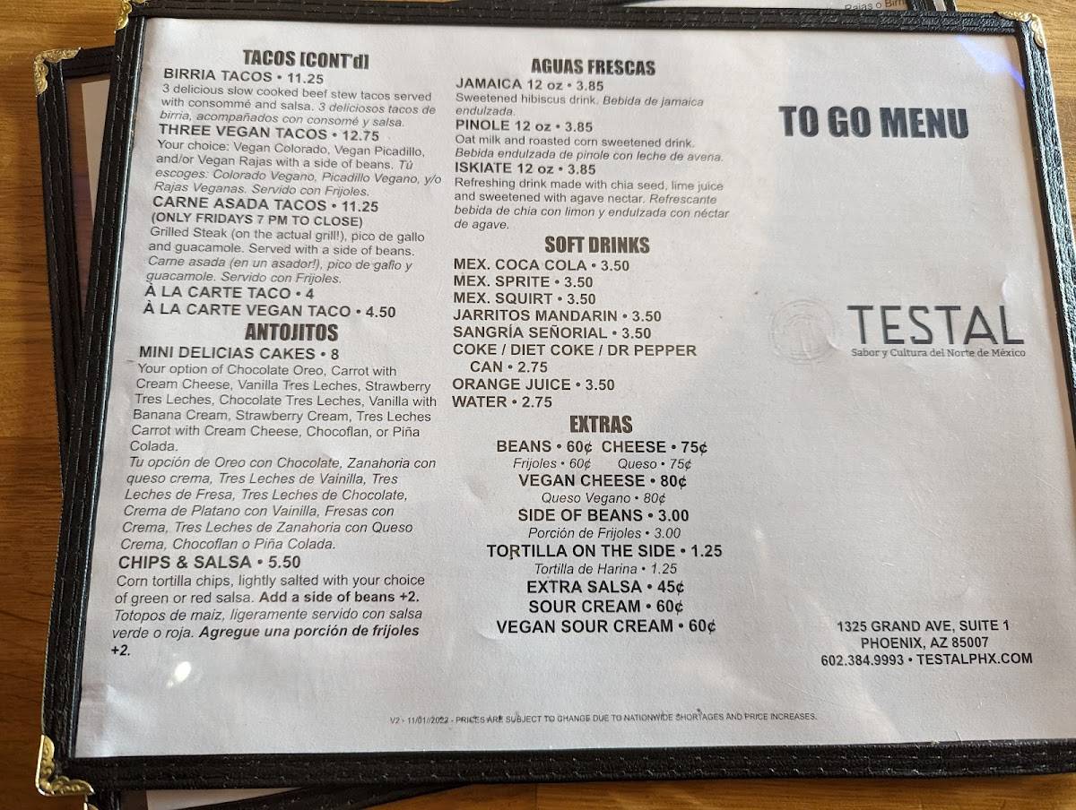 Carta del pub y bar Testal Mexican Kitchen, Phoenix