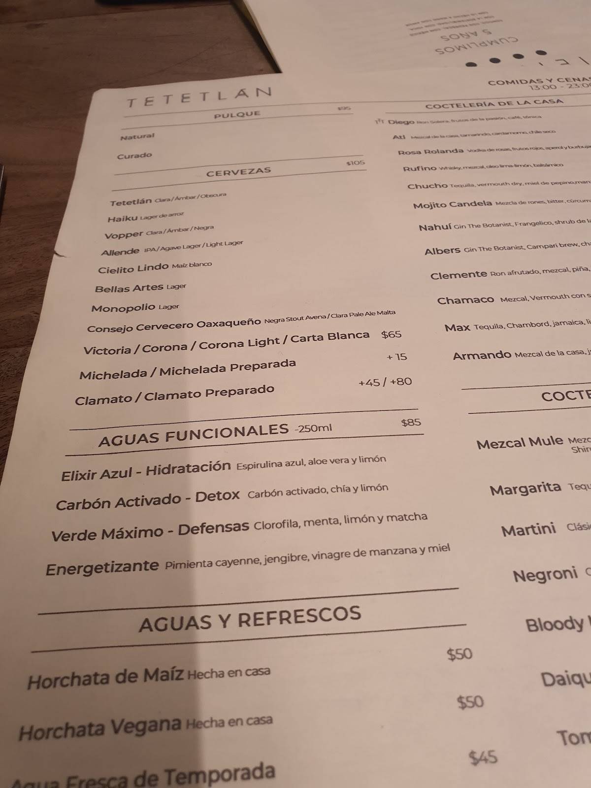 Carta del restaurante Tetetlán, Ciudad del México