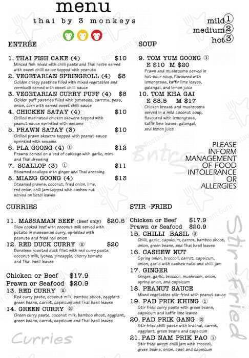 Menu at Thai by 3 Monkeys restaurant, North Adelaide