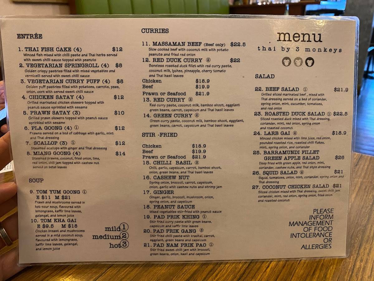 Menu at Thai by 3 Monkeys restaurant, North Adelaide