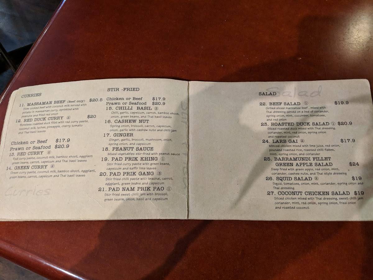 Menu at Thai by 3 Monkeys restaurant, North Adelaide