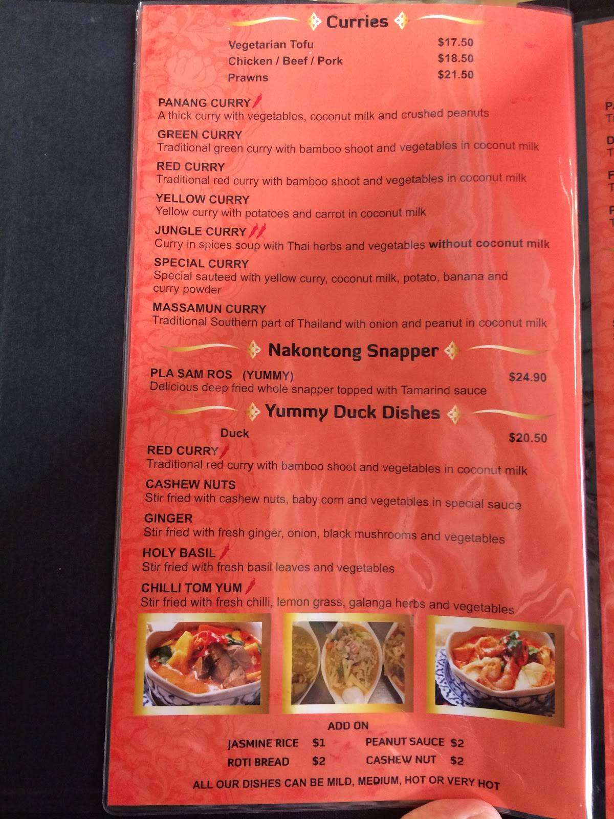 Menu at Nakontong Thai restaurant, Thames