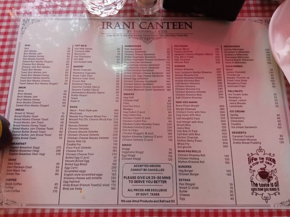 Menu at Irani Canteen, Thane