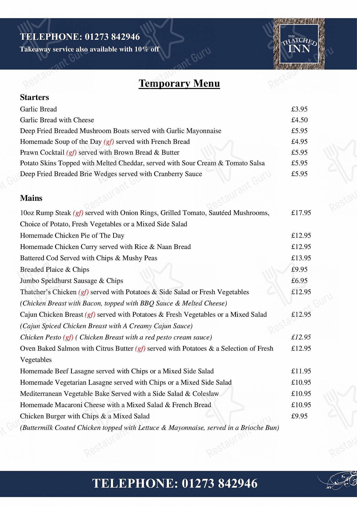 Menu at The Thatched Inn pub & bar, Hassocks