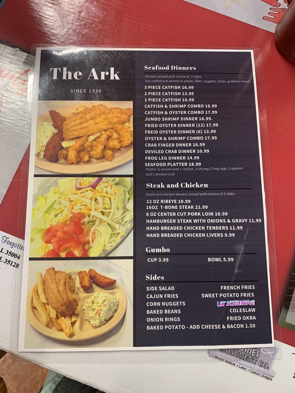 Menu at The Ark restaurant, Riverside, US-78