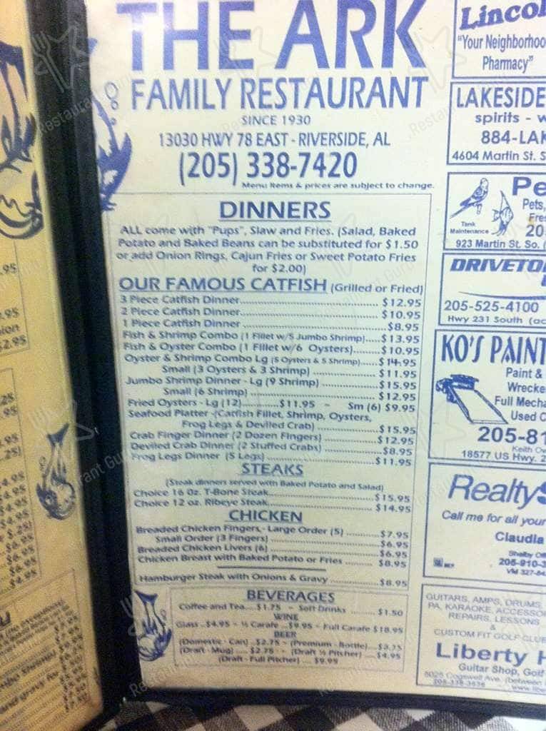 Menu at The Ark restaurant, Riverside, US-78