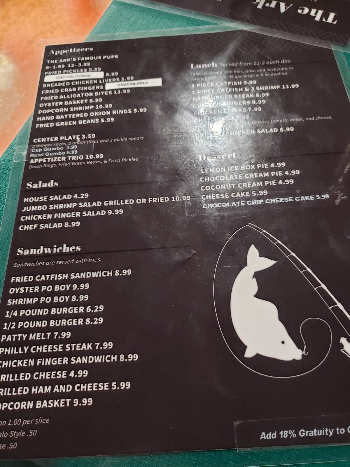 Menu at The Ark restaurant, Riverside, US-78