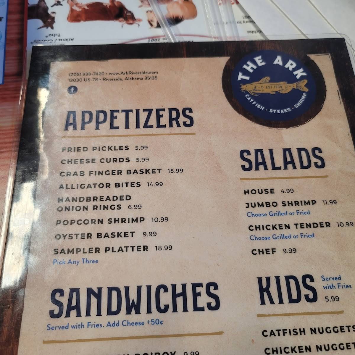 Menu at The Ark restaurant, Riverside, US-78
