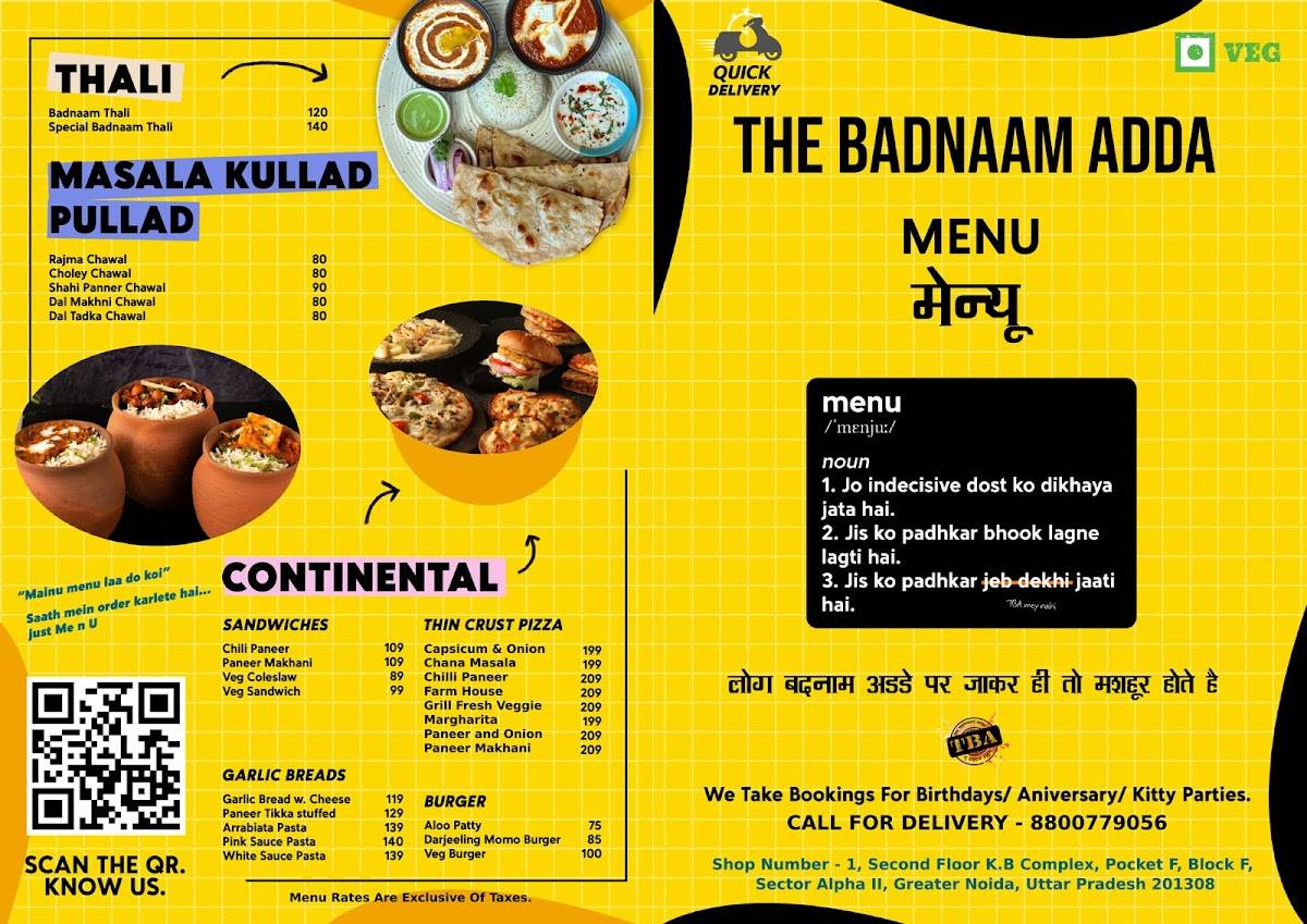 Menu at The Badnaam Adda TBA Pure Veg Best Restaurant in Greater Noida ...