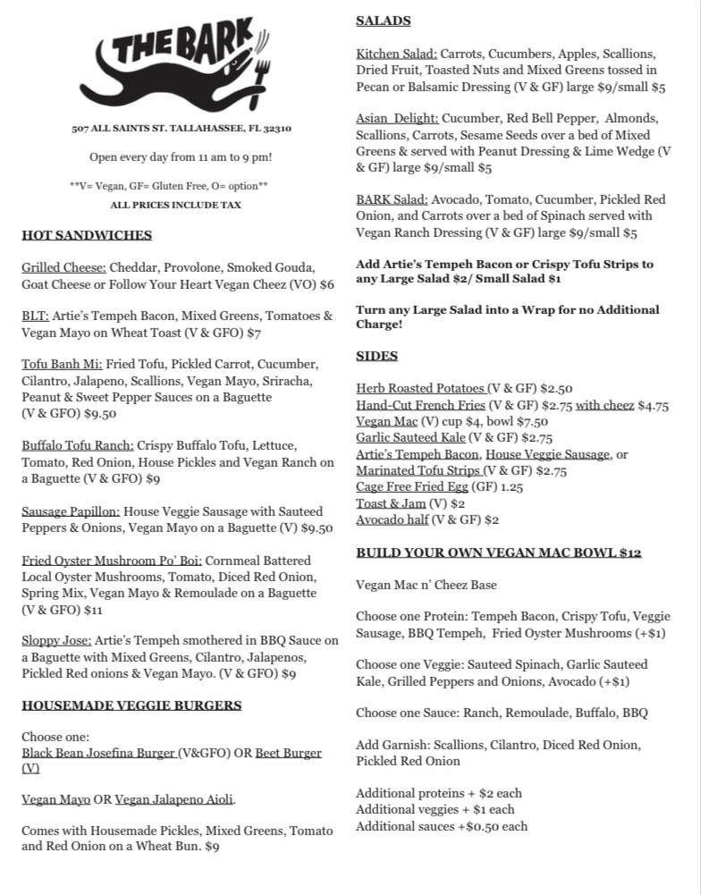 Menu at The Bark, Tallahassee