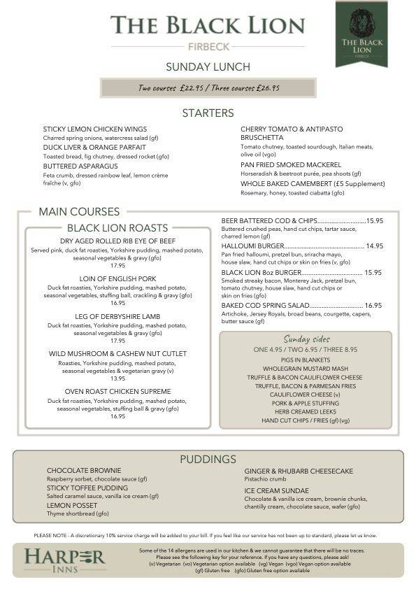 Menu at The Black Lion Inn pub & bar, Firbeck, 9 New Rd