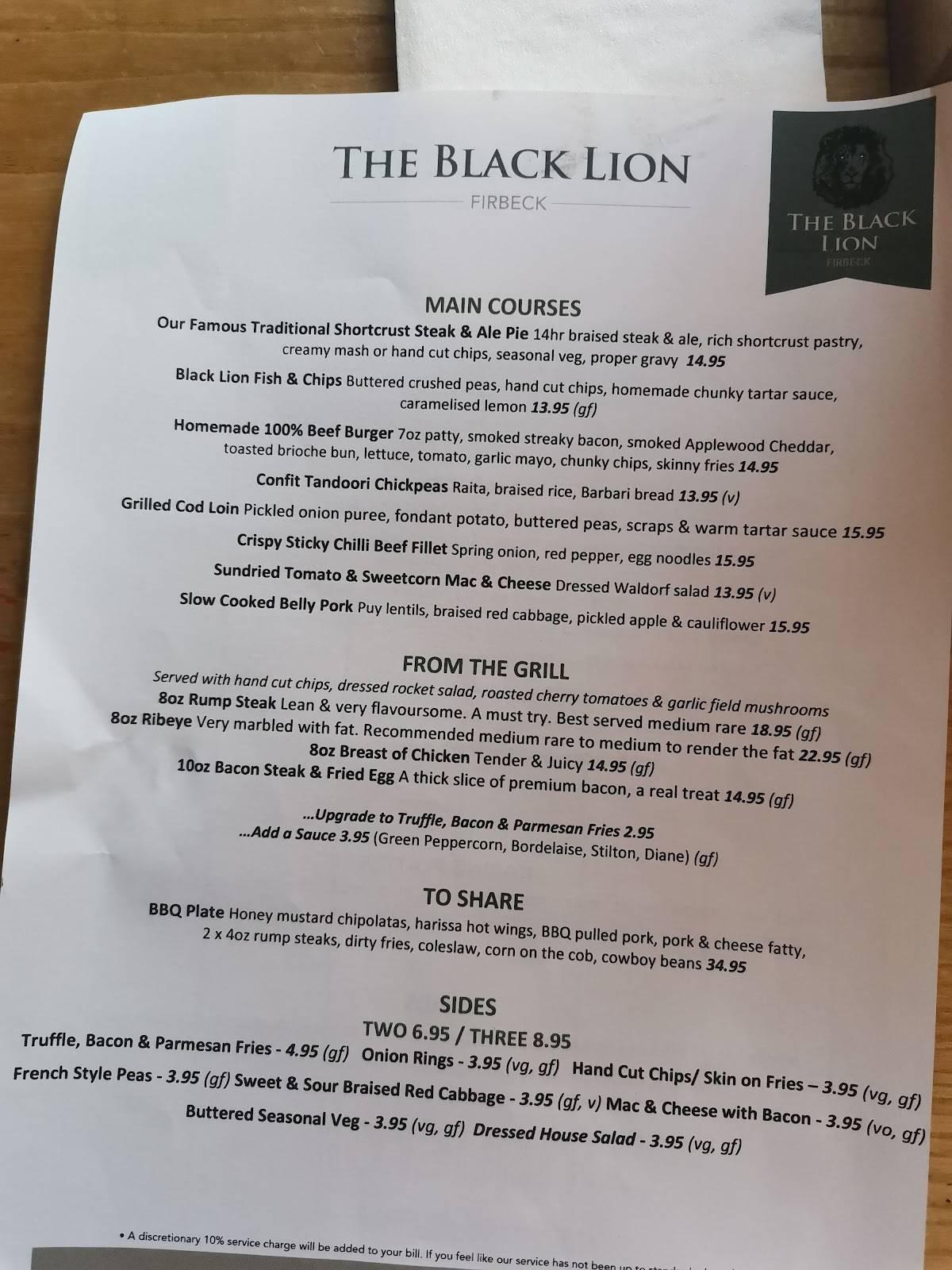 Menu at The Black Lion Inn pub & bar, Firbeck, 9 New Rd