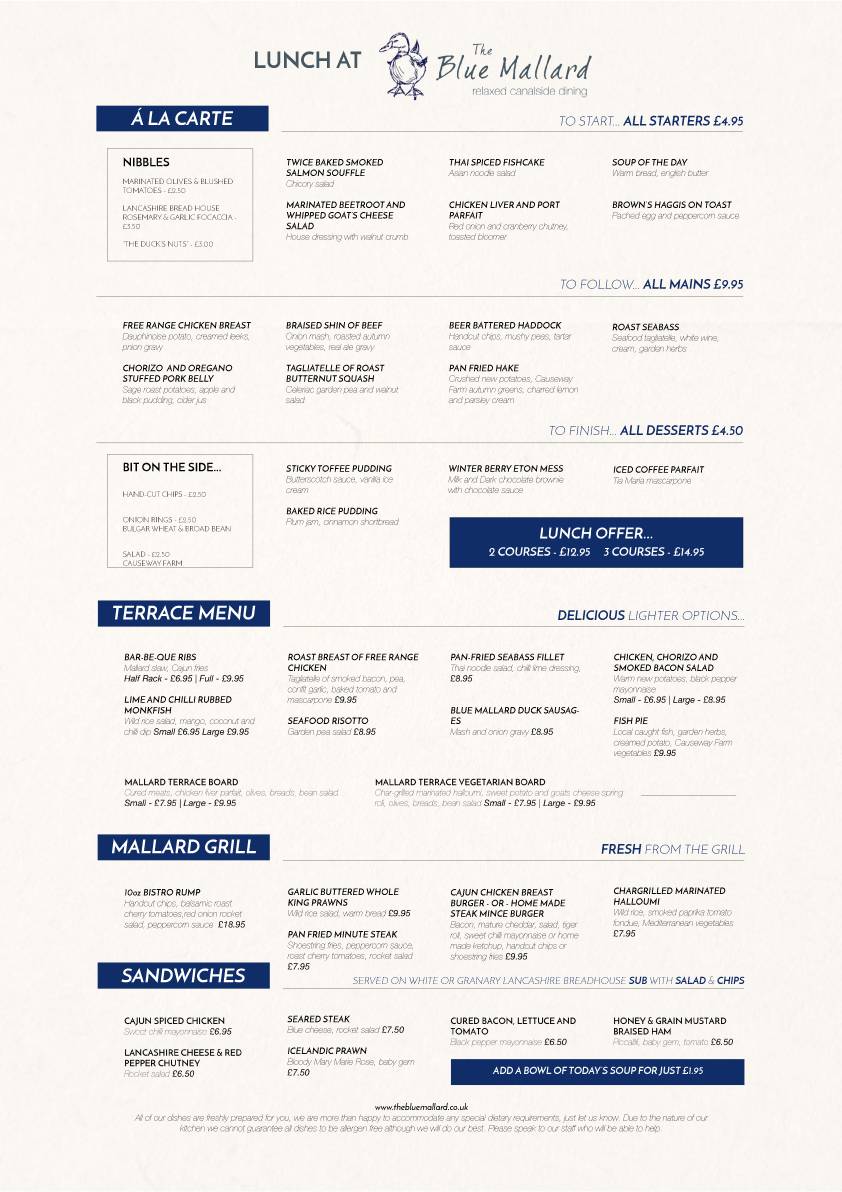 Menu at The Blue Mallard restaurant, Burscough