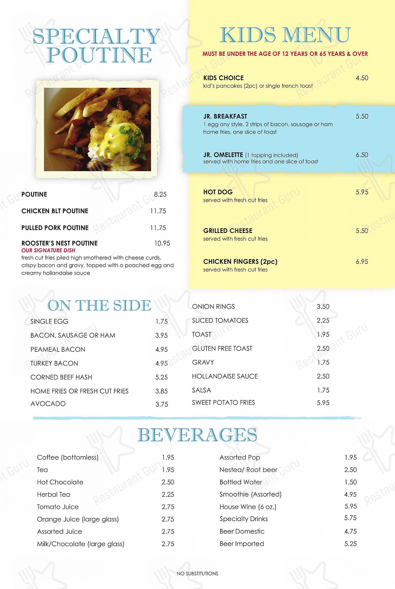 Menu at The Blue Rooster restaurant, Ajax