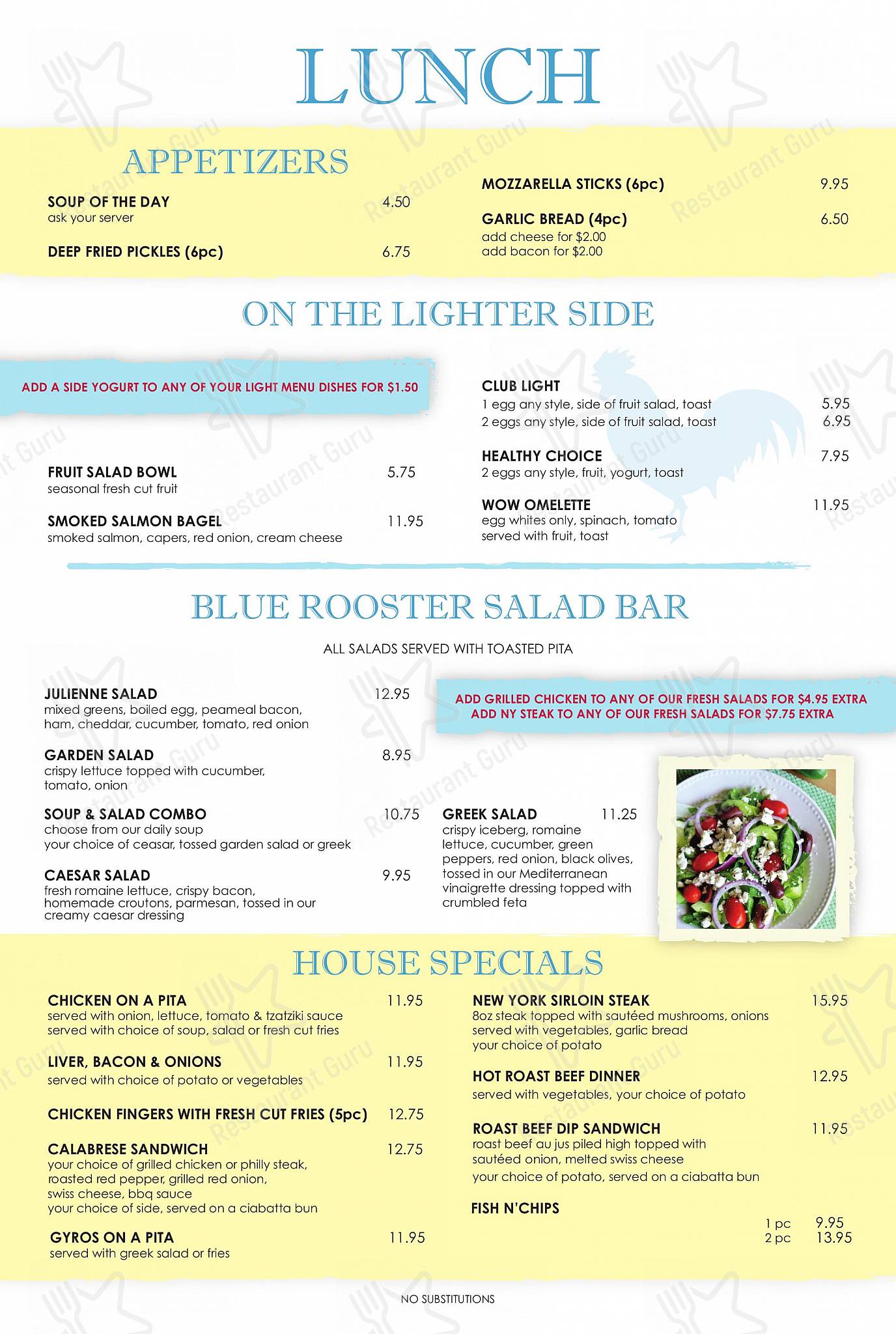Menu at The Blue Rooster restaurant, Ajax