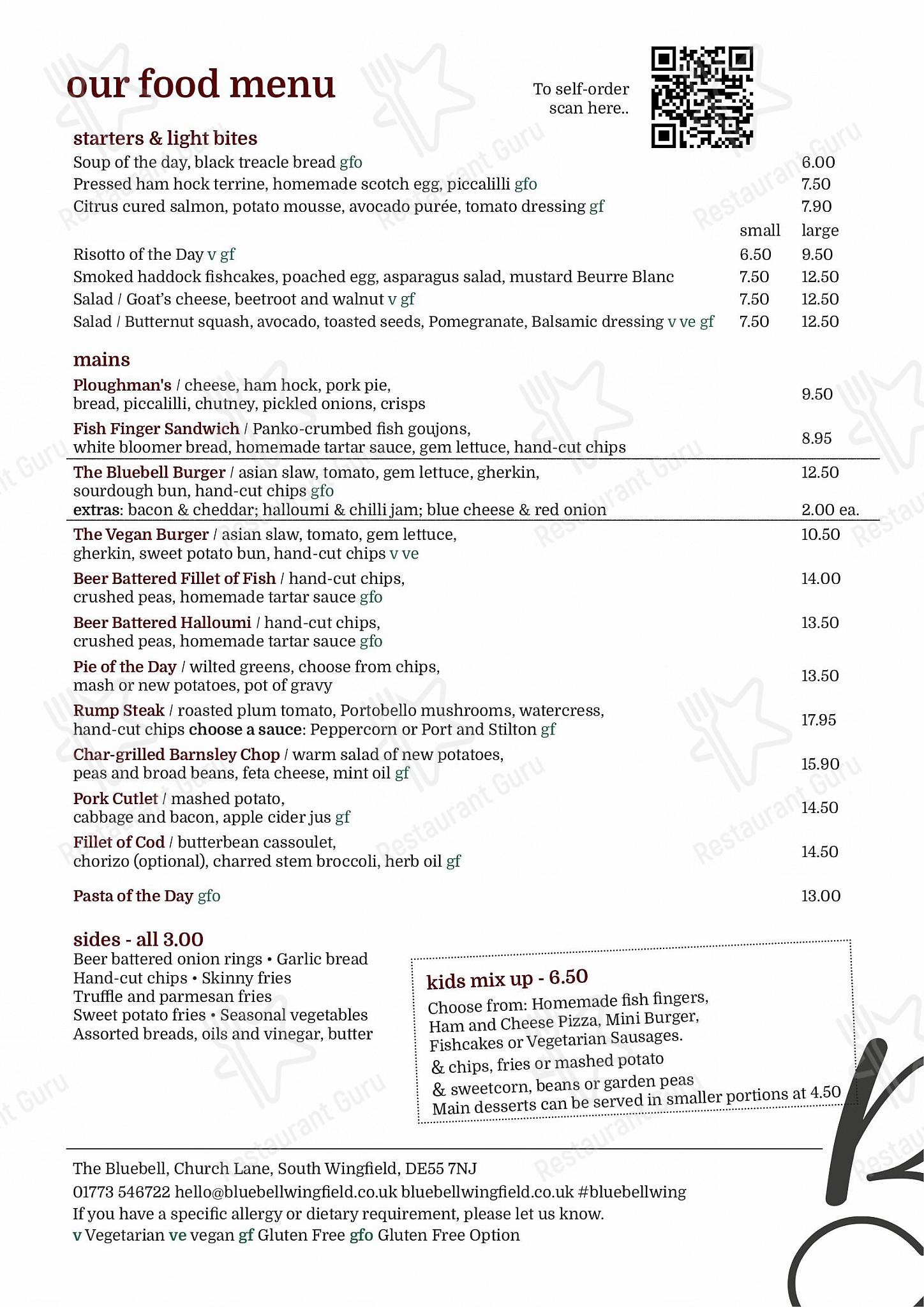 Menu at The Bluebell restaurant, South Wingfield