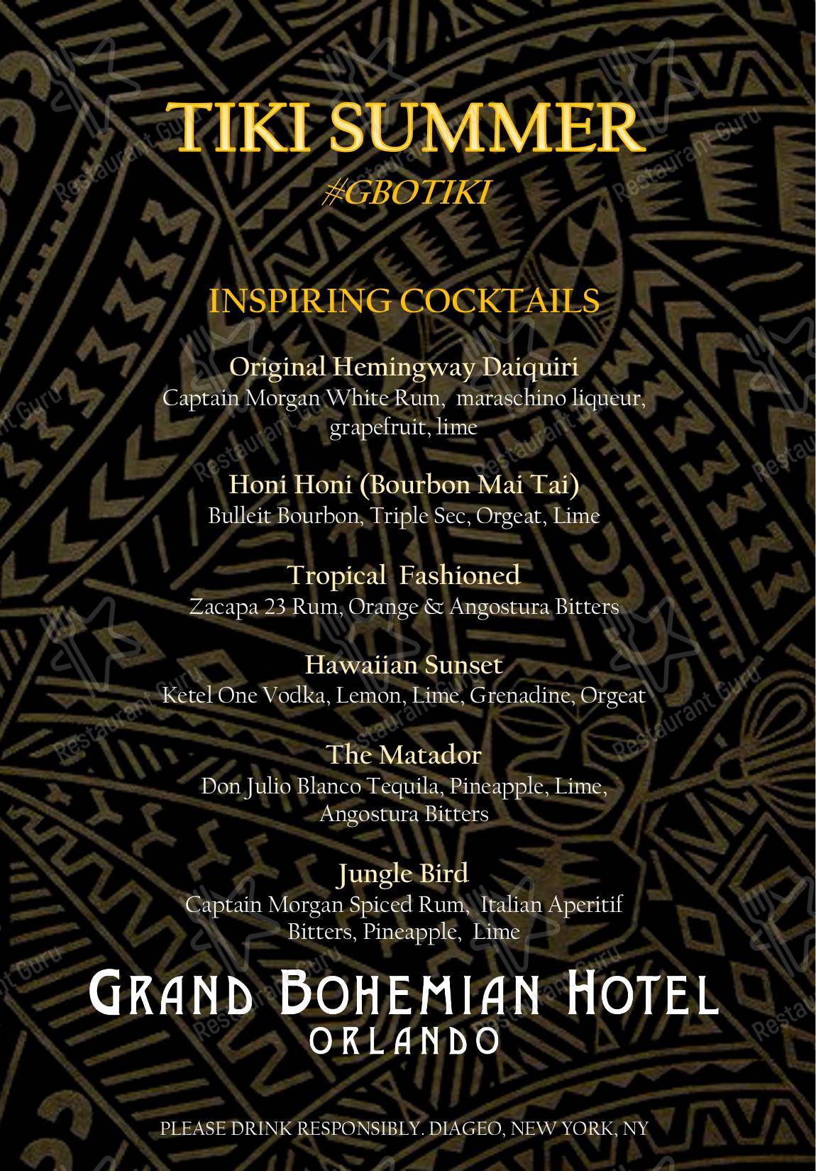 Menu at The Boheme pub & bar, Orlando, Grand Bohemian Hotel Orlando