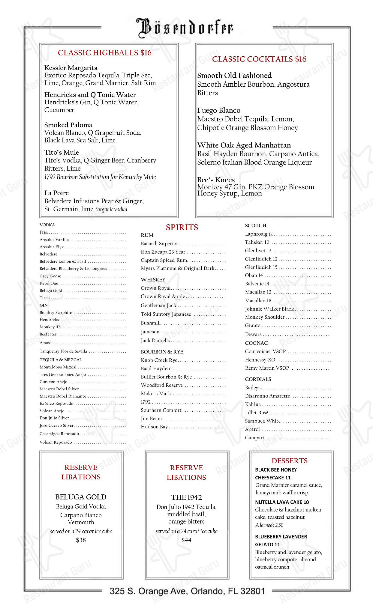 Menu at The Boheme pub & bar, Orlando, Grand Bohemian Hotel Orlando