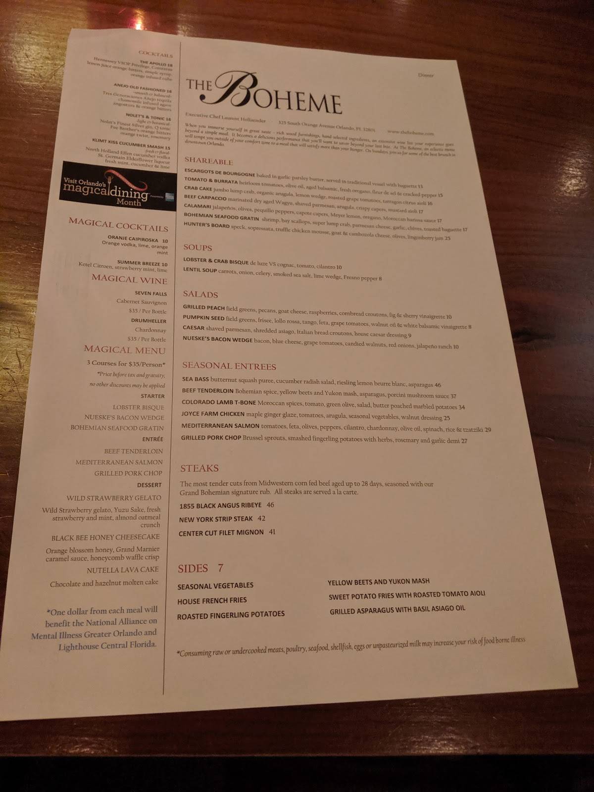 Menu at The Boheme pub & bar, Orlando, Grand Bohemian Hotel Orlando