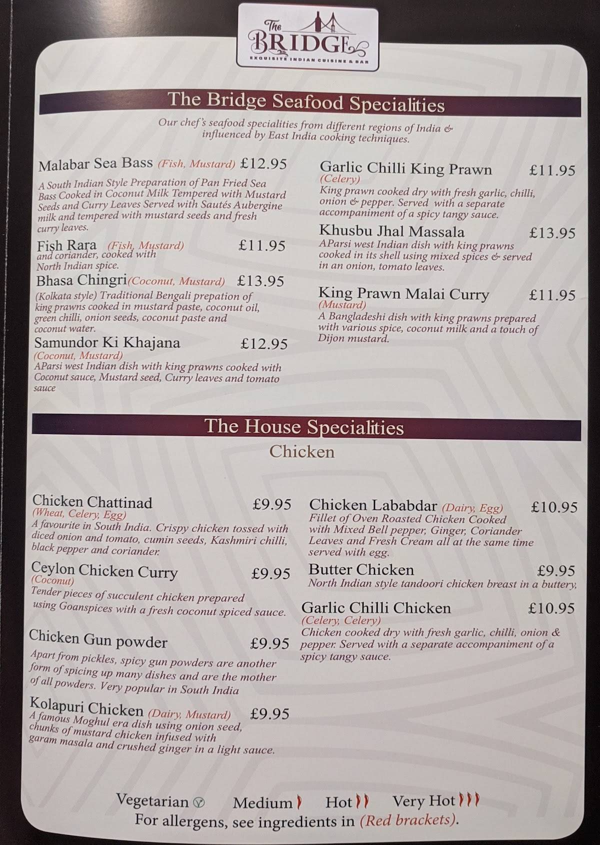 Menu at The Bridge restaurant, Sherston