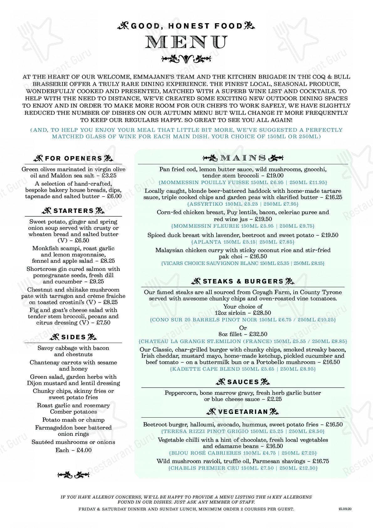 Menu at The Bull & Claw Donaghadee restaurant, Donaghadee