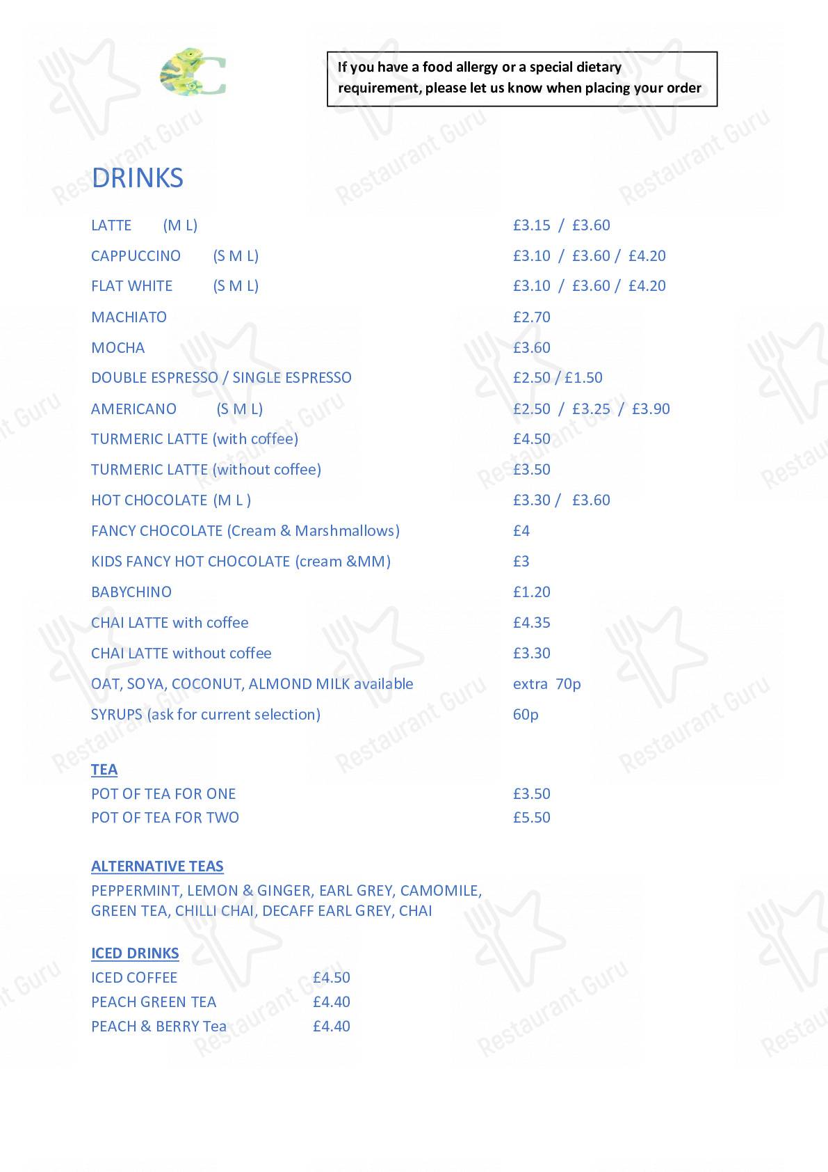 Menu at The Chameleon Cafe, Great Dunmow