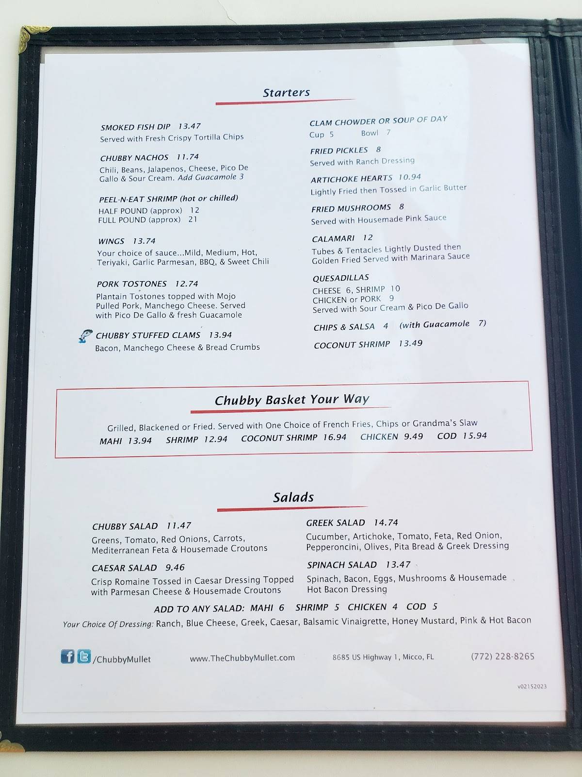 Menu at The Chubby Mullet Bar and Grill, Micco, US-1