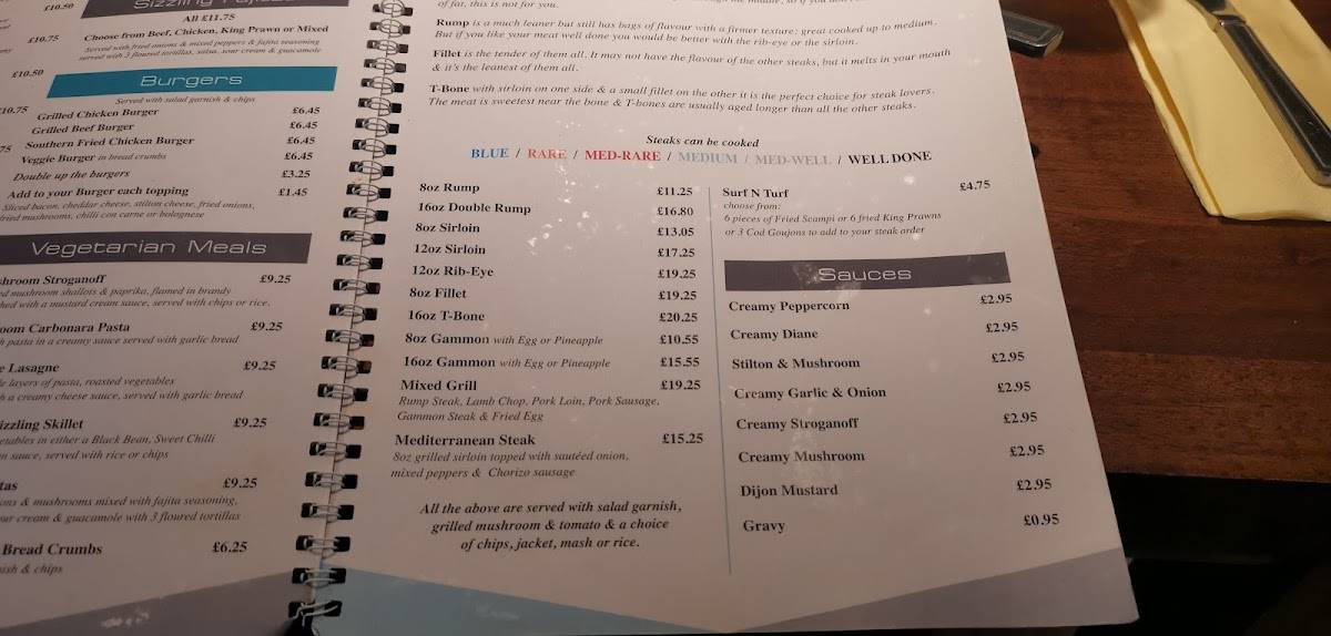 Menu at The Cobbler restaurant, Pontefract