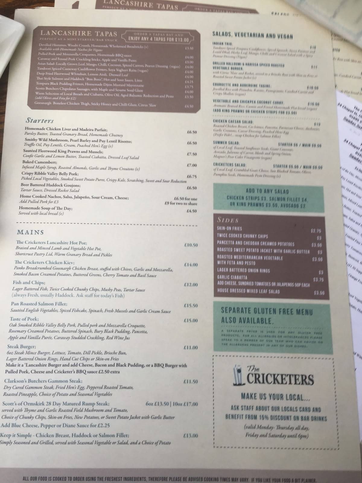 Menu at The Cricketers pub & bar, Ormskirk