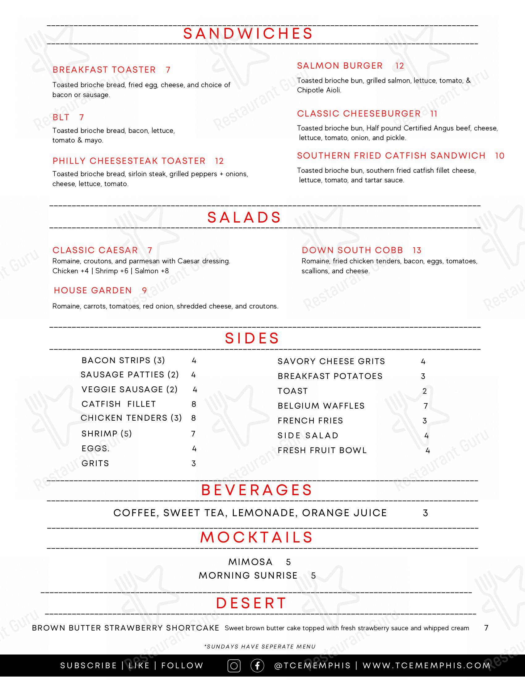 Menu at The Culinary Experience restaurant, Memphis