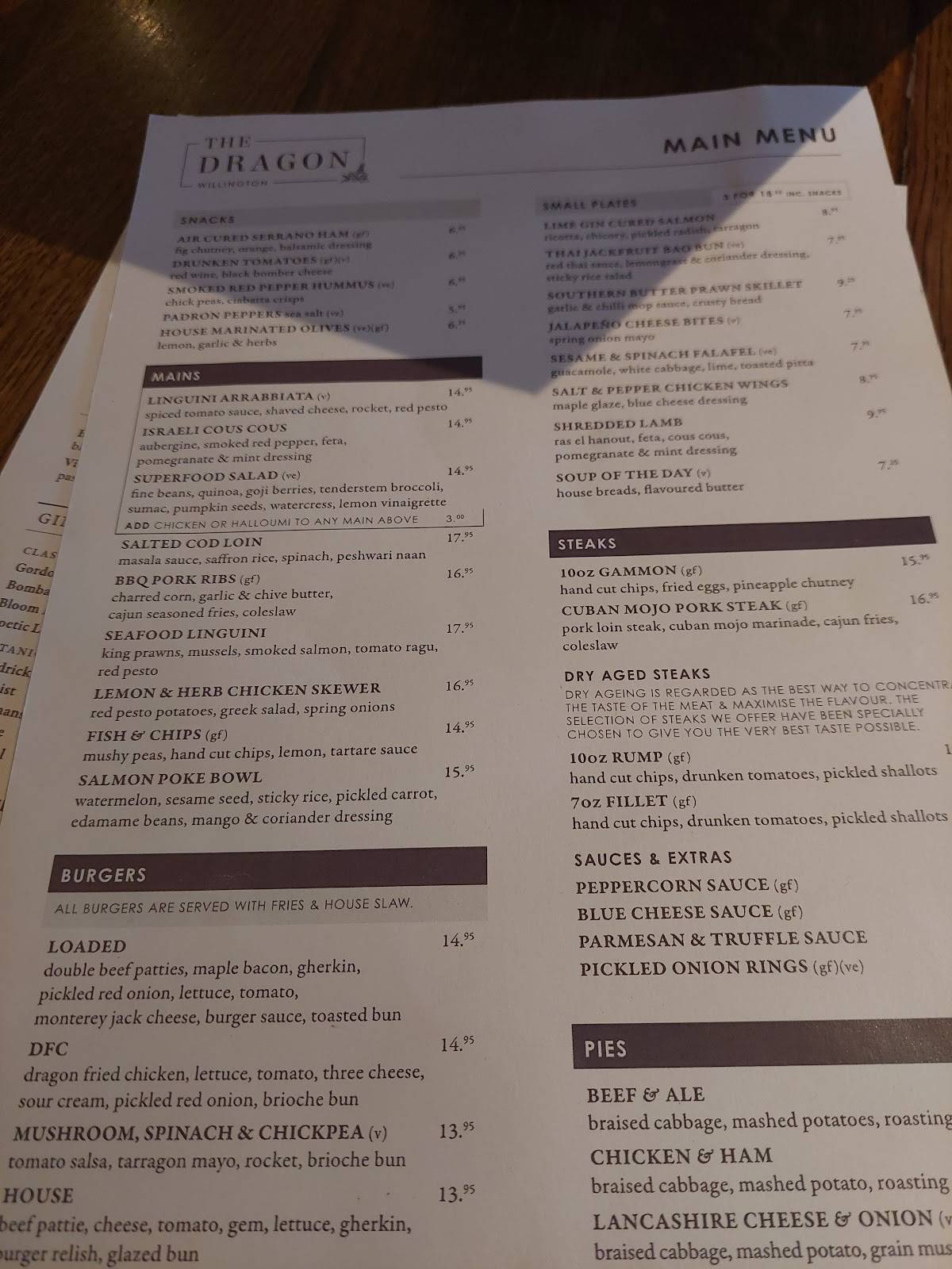 Menu at The Dragon pub & bar, Willington, 11 The Grn