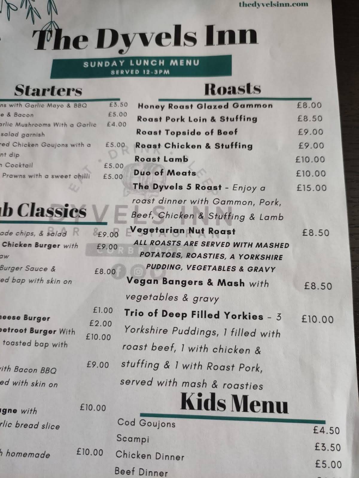 Menu at The Dyvels Inn pub & bar, Corbridge