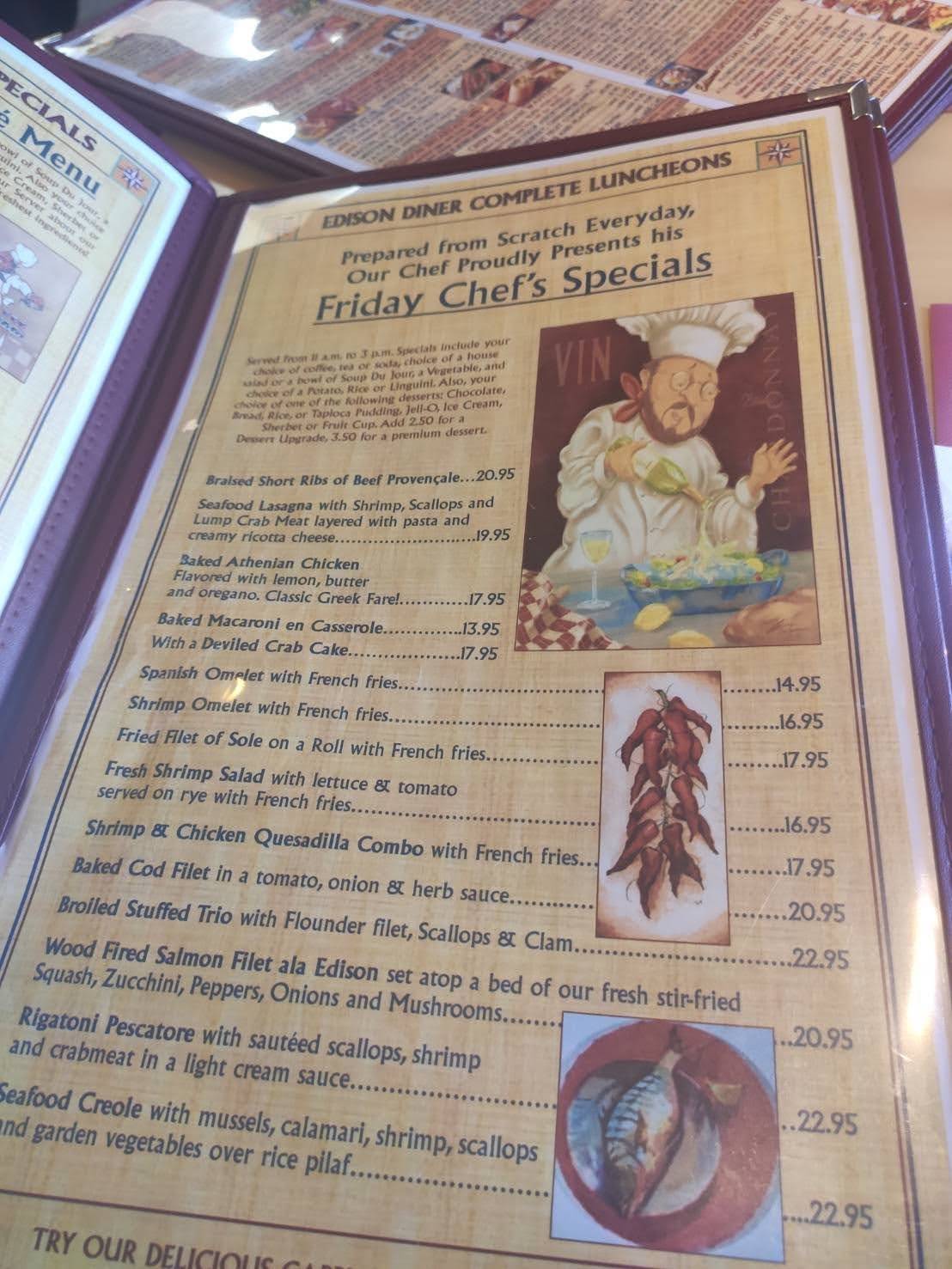 Menu at The Edison Diner restaurant, Edison