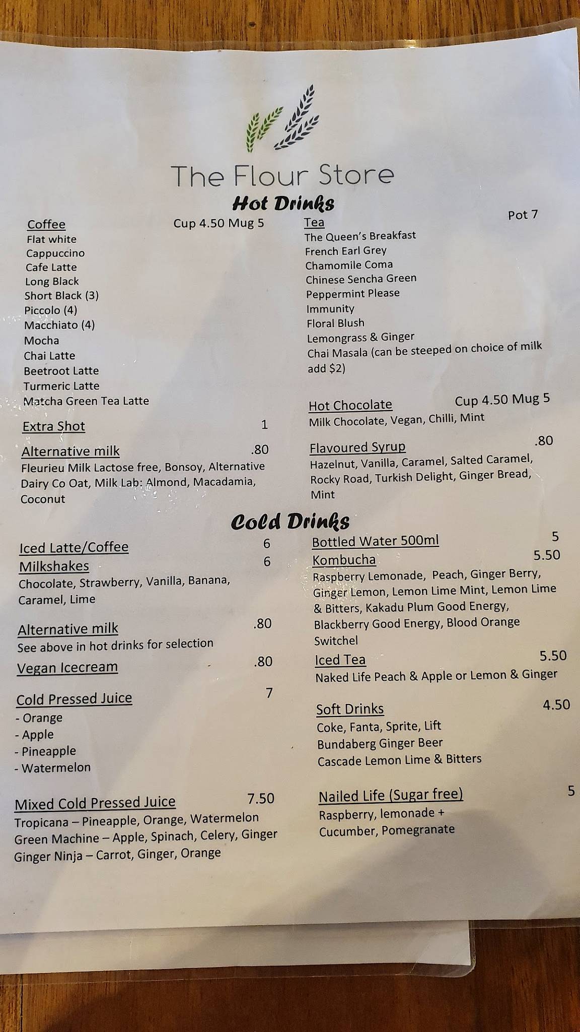 Menu at The Flour Store cafe, Port Noarlunga