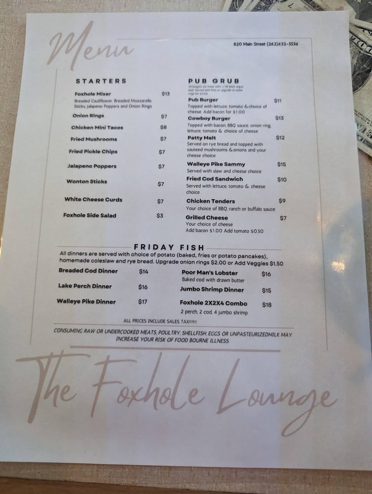 Menu at The Foxhole Lounge pub & bar, Racine