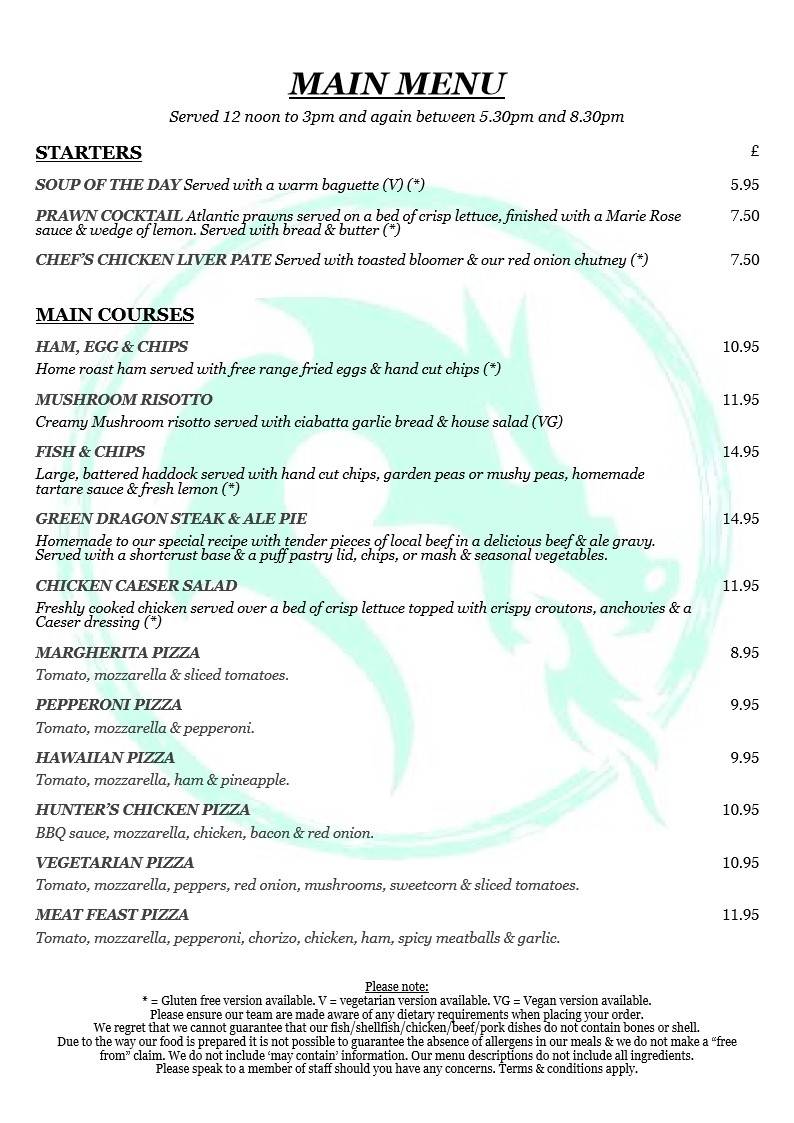 Menu at The Green Dragon at Bedale pub & bar, Bedale