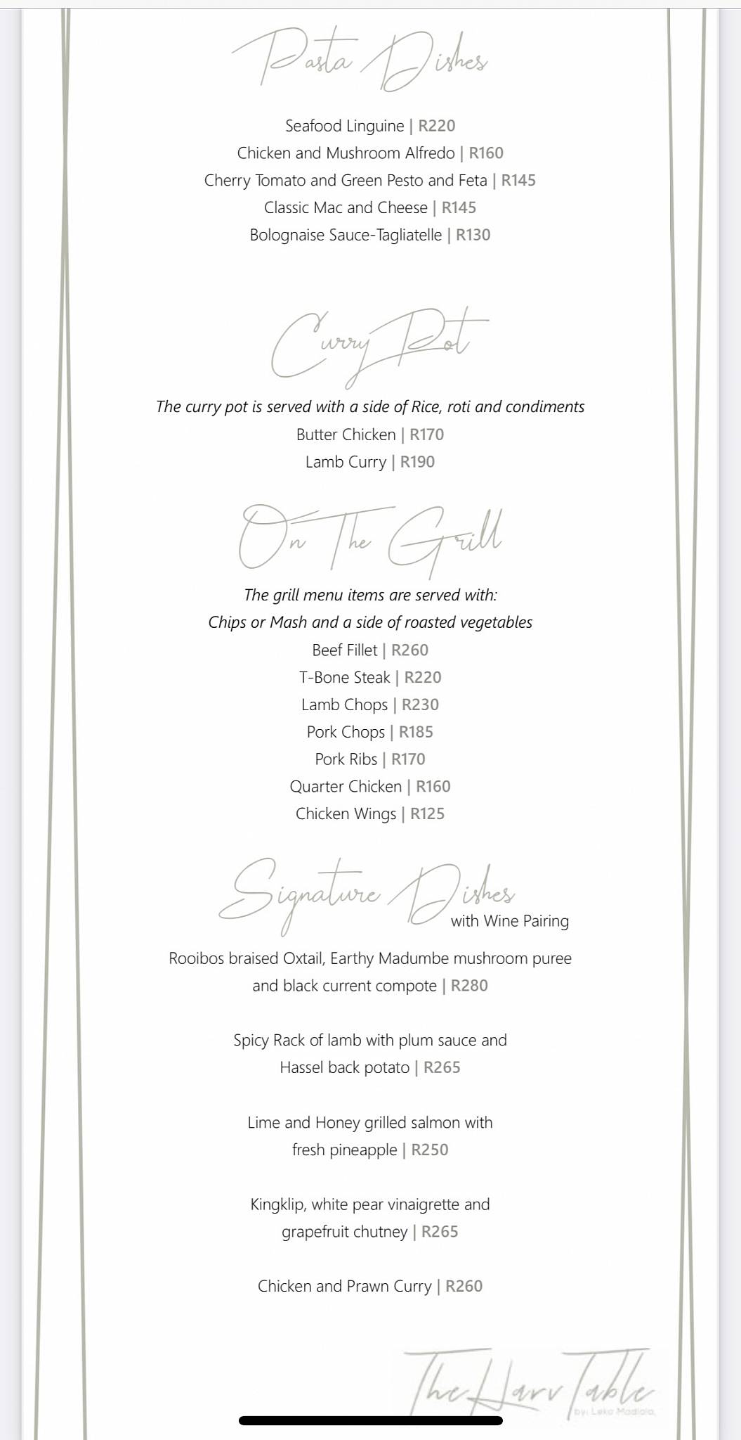 Menu at The Harv Table by Leko Madlala restaurant, Sandton