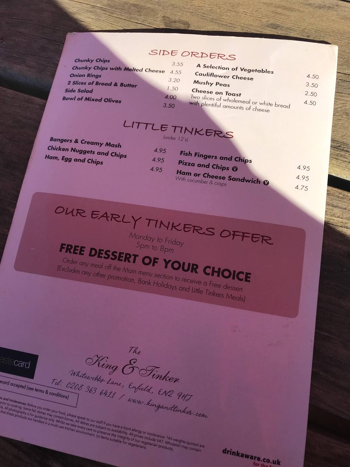 Menu at The King and Tinker pub & bar, Enfield
