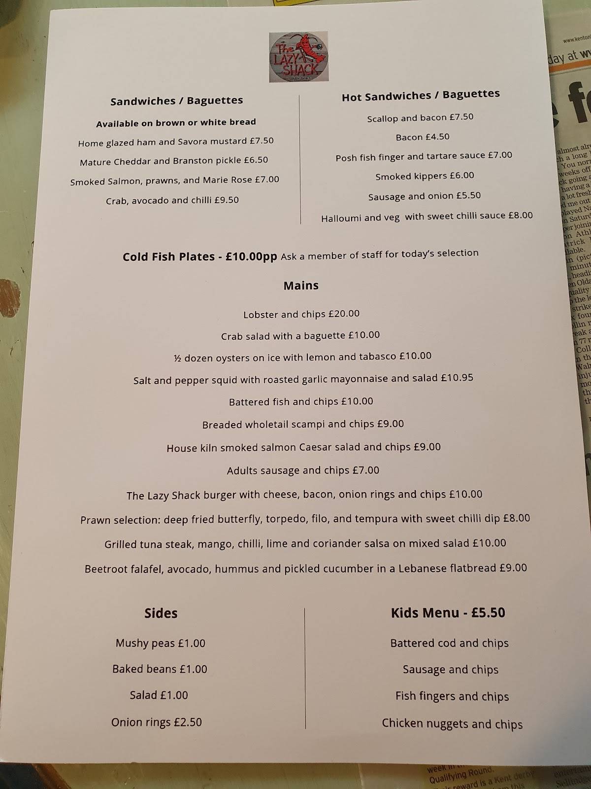 Menu at The Lazy Shack restaurant, Hythe, The Fishermans Landing Beach ...