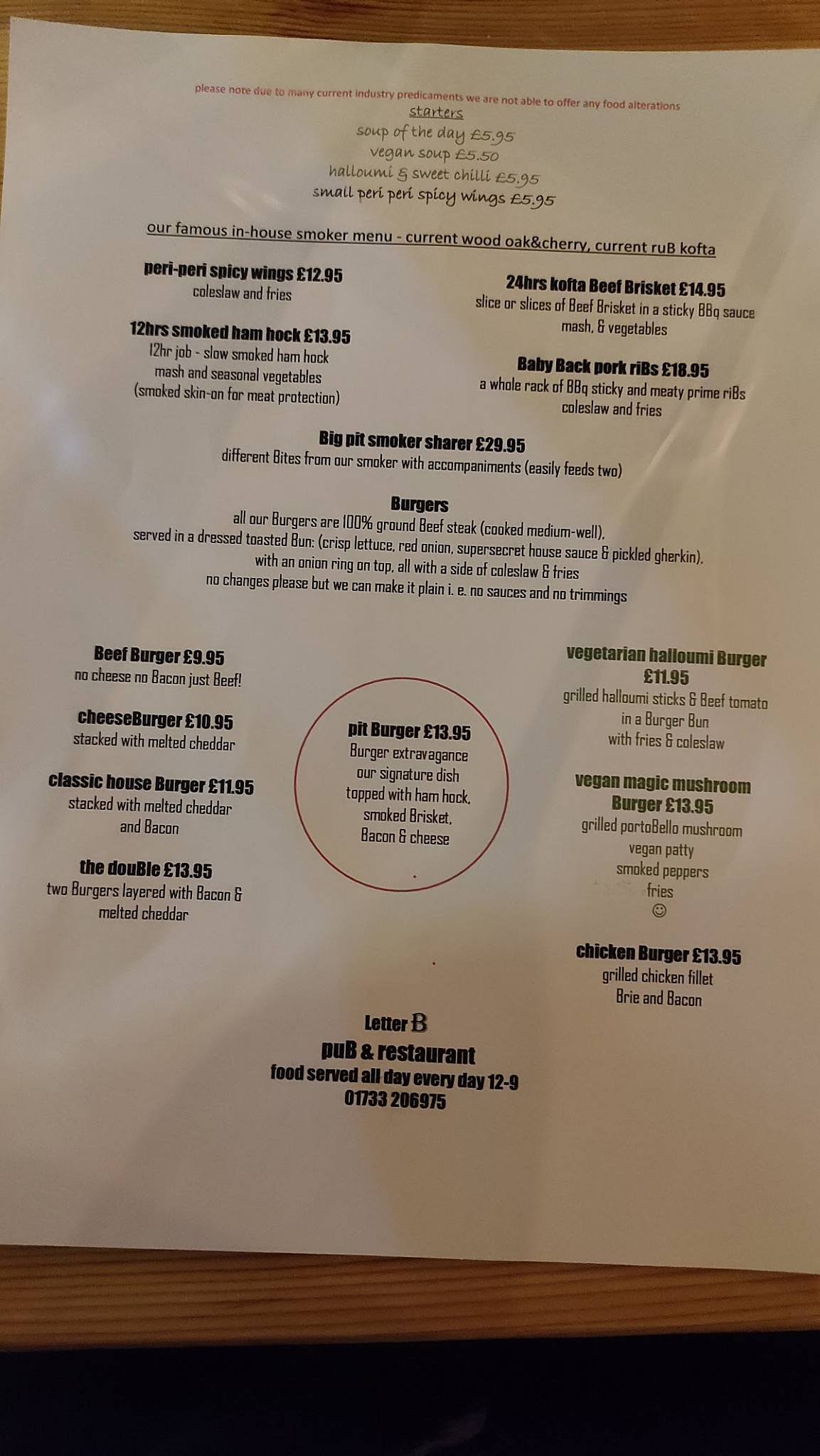 Menu at The Letter B pub & bar, Peterborough