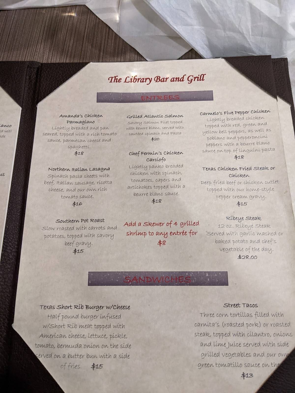 Menu at The Library Bar & Grill, Grapevine
