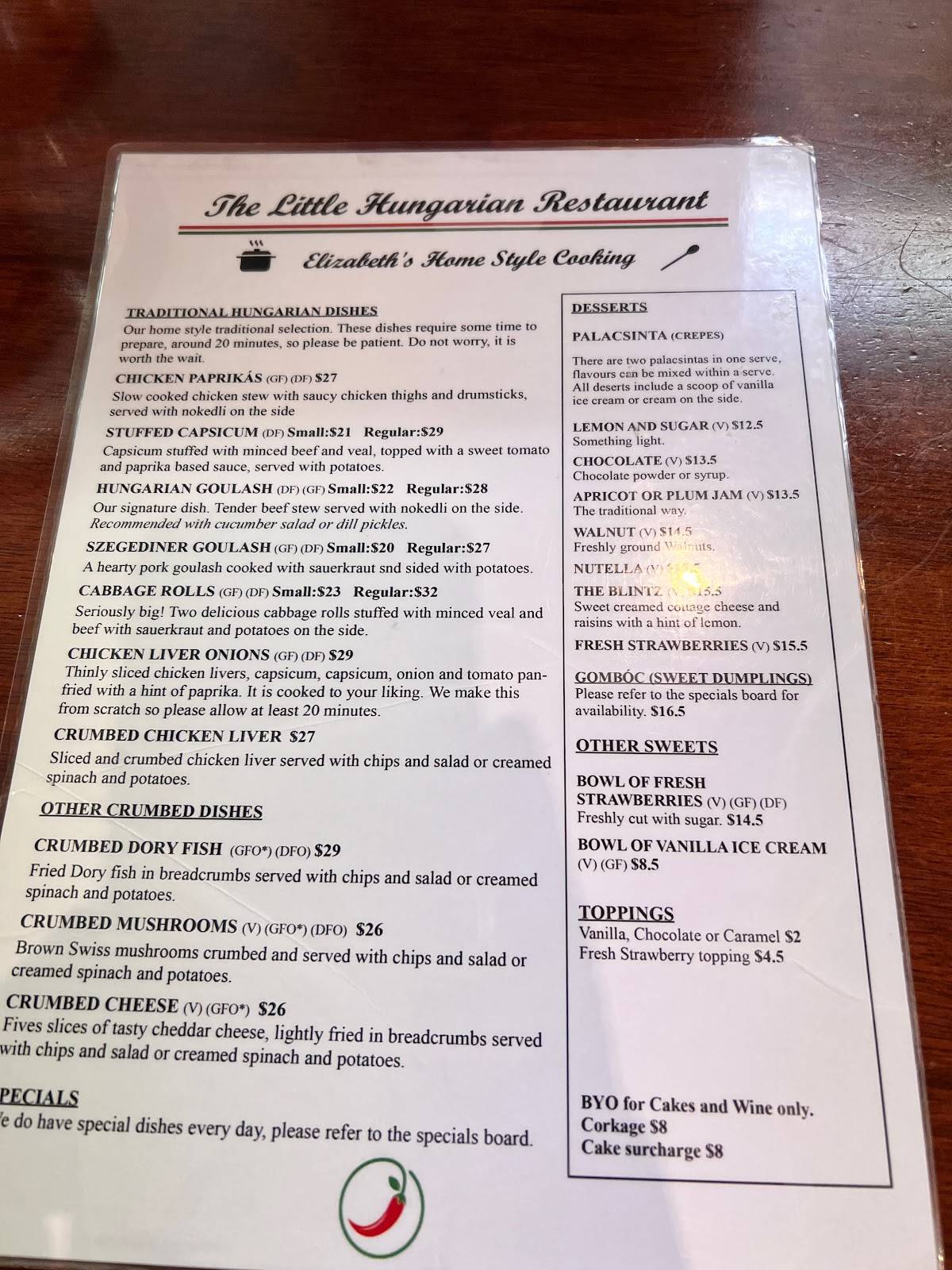 Menu at The Little Hungarian Restaurant, Caulfield South
