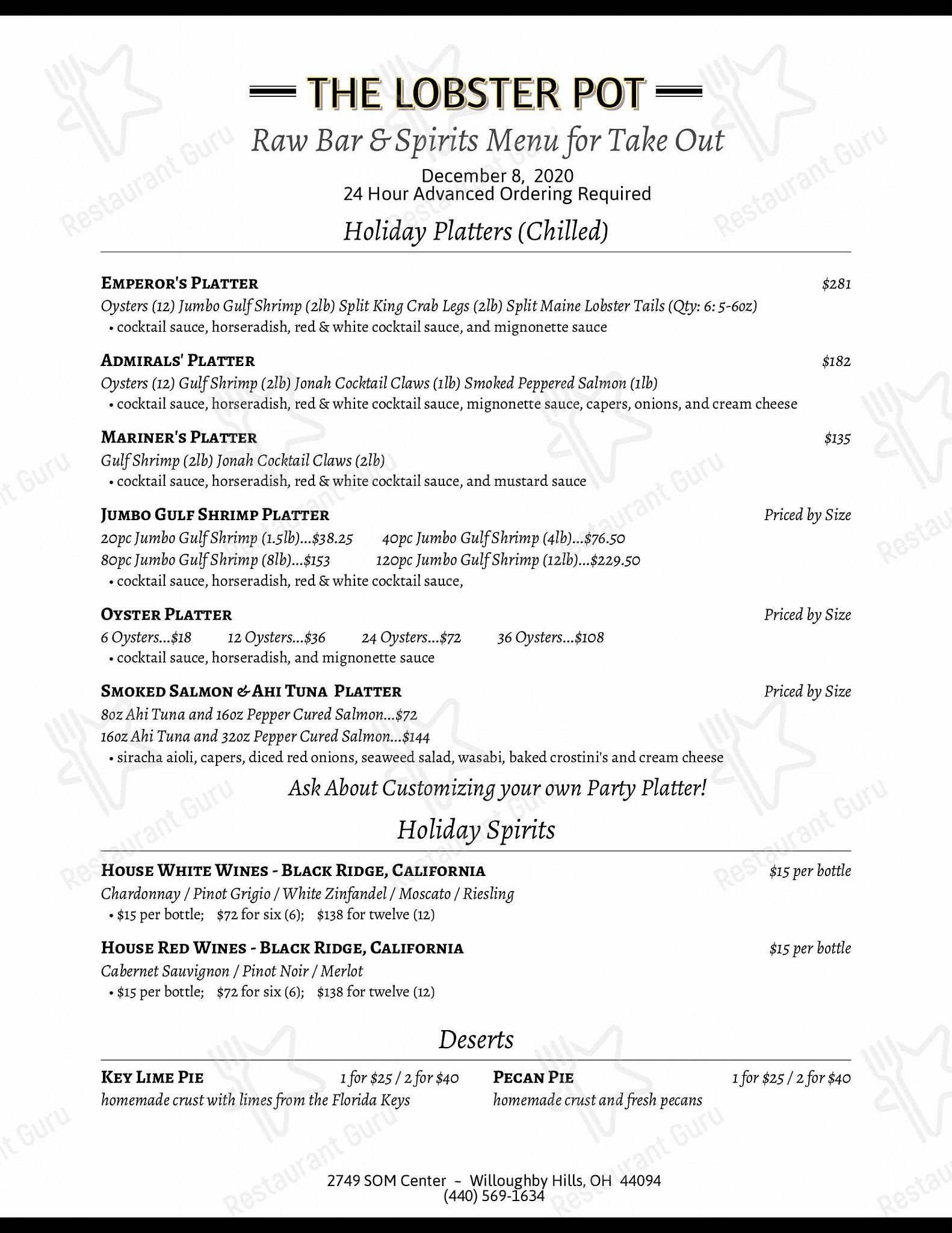 Menu at The Lobster Pot restaurant, Willoughby Hills